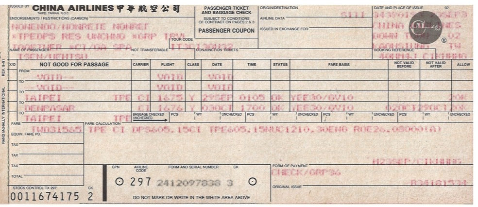 RBF現貨 CHINA AIRLINES OC PAPER FLIGHT TICK TICKET-CIOC *free shipping*